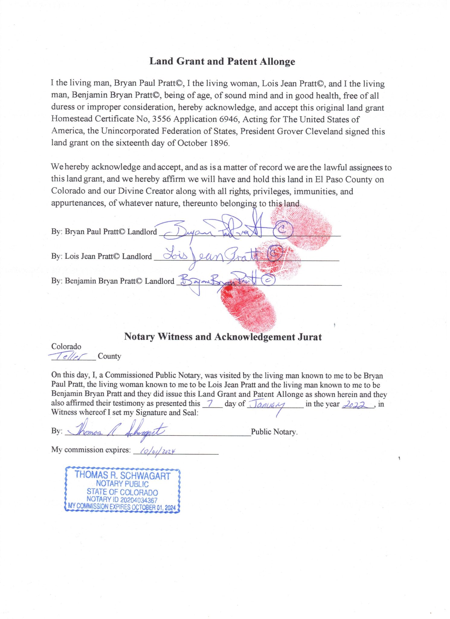 Land Grant and Patent Allonge – Pratt Land Patent